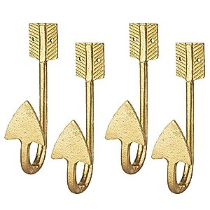 MyGift Handcrafted Vintage Gold Metal Wall Mounted Coat Hook with Arrow Shaped Design, Entryway Hanging Storage Hooks, Set of 4 - Made in India