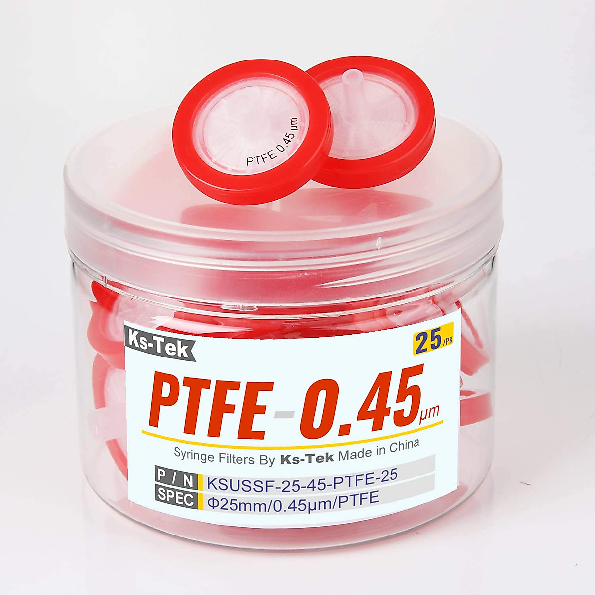 Syringe Filters PTFE Hydrophobic 25 mm 0.45 um Non Sterile 25/pk by KS-Tek