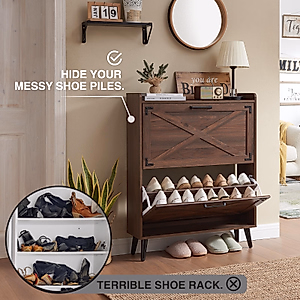 Barnyatoh Shoe Storage Cabinet,Farmhouse Shoe Organizer with 2 Flip Drawers & Barn Door Design,Freestanding Hidden Slim Narrow Shoe Rack Cabinet for Entryway,Foyer,Hallway,Walnut