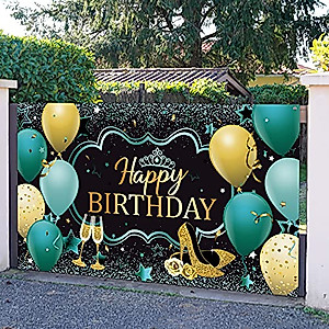 Glitter Teal Turquoise Happy Birthday Decoration for Women Green Gold Birthday Backdrop Champagne Glass Balloons Photo Booth Background High Heels Photography Background 72.8 x 43.3 Inch