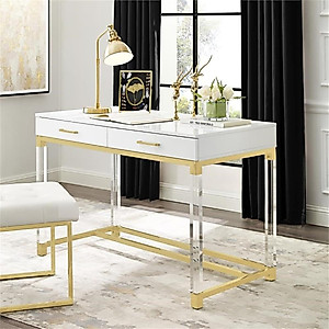 Posh Briar 2-Drawer Metal Writing Desk with Acrylic Legs in White/Gold