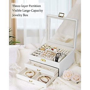 SIMBOOM Jewelry Boxes for Women with Glass Lid Top 3-Layer Jewelry Organizer Box 2 Drawers with Lock&Key for Earring Ring Necklace Bracelet Watch Christmas Valentin’s Day Gift Present for Her Wrapped in Box
