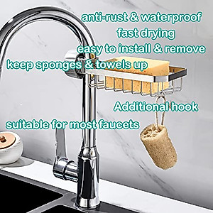 LONIN Sponge Holder Over Faucet Kitchen Sink Caddy Organizer, Stainless Steel Detachable Hanging Faucet Drain Rack for Bathroom, Scrubbers, Soap, Chrome