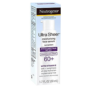 Neutrogena Ultra Sheer Moisturizing Face Serum with Vitamin E & SPF 60+, All Day Facial Sunscreen Serum with Broad Spectrum UVA/UVB Protection, Fragrance-Free, Oxybenzone-Free, 1.7 oz