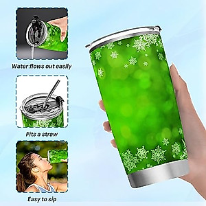 Jihqo Christmas Green Snowflake Tumbler with Lid and Straw, Insulated Stainless Steel Tumbler Cup, Double Walled Travel Coffee Mug Thermal Vacuum Cups for Hot & Cold Drinks 12oz