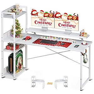 ODK Computer Desk with Storage Shelves and Monitor Stand, 55 Inch Writing Desk with Bookshelf, Reversible Study Table for Home Office, Small Space Bedroom, White