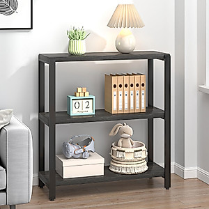 FOLUBAN Rustic Small Bookshelf and Bookcase, 3 Tier Low Short Book Shelf, Industrial Metal and Wood Book Case for Bedroom Living Room, Dark Gray