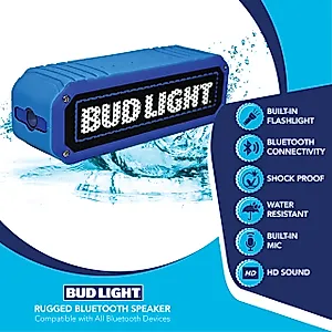 Bud Light Wireless Portable Bluetooth Speaker Water-Resistant, & Shockproof Led Flashlight Built-in Microphone & Rechargeable Battery Include USB Charging & 3.5 Aux Cable