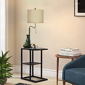 hykolity Floor Lamp W/ End Table and USB Charging Port, Modern Bedside Nightstand Lighting, Walnut Attached Side Table W/ Shelves for Living Room, Bedroom, Guest Room, Bulb Sold Separately