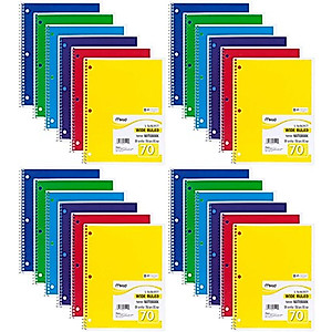Mead Spiral Notebook, Wide Ruled, 1 Subject, 70 Sheets, 8 x 10.5 Inches, Assorted Colors (05510) Pack of 24