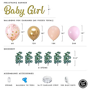 Sweet Baby Co. Baby Shower Decorations for Girl with Pink Balloon Arch Garland Kit, Baby Girl Banner Decor, Eucalyptus Boho Greenery Vine, Light Pink, Peach Blush, Gold, Confetti Balloons