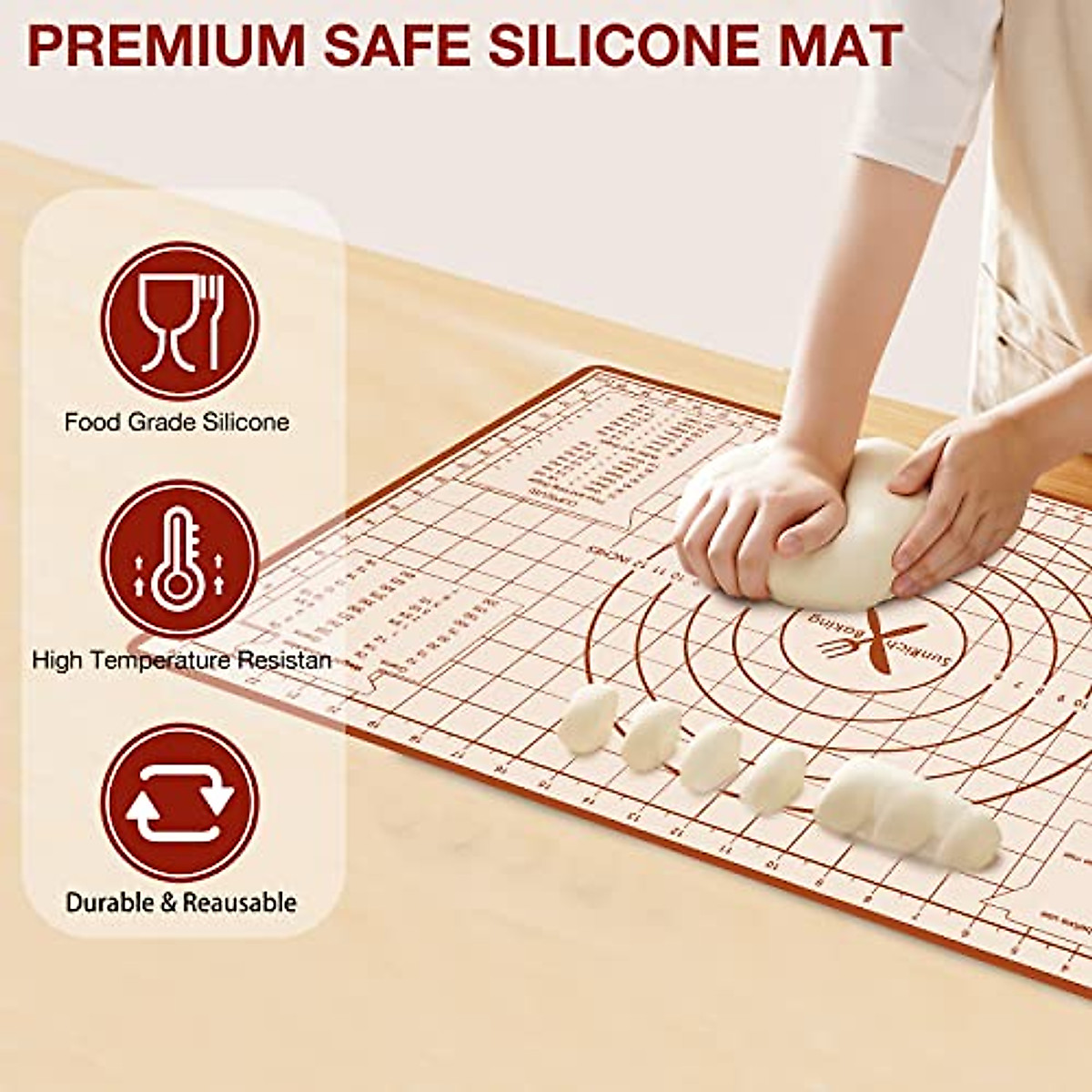 Silicone Baking Mat, Non Stick Pastry Mat with Measurement,26" x 16" Extra Thick Large Rolling Dough Mat Sheet, Counter Mat,Food Grade Pizza, Fondant, Macarons,Cookies Mat, Baking Supplies for kitchen