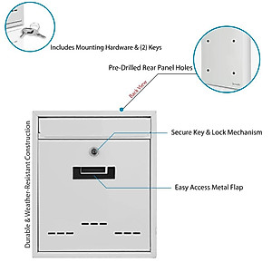 SereneLife Modern Wall Mount Lockable Mailbox-Outdoor Galvanized Metal Key Large Capacity-Commercial Rural Home Decorative &Office Business Parcel Box Packages SLMAB04,White,10.2’’ x 12.2’’ x 3.6’’