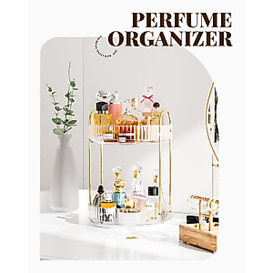 Devokimi Bathroom Organizer Countertop, Rotating Makeup Organizer for Vanity, 2-Tier Make Up Organizers and Storage, Vanity Tray Shelf for Cosmetic, Skin Care, Lotions (Clear)