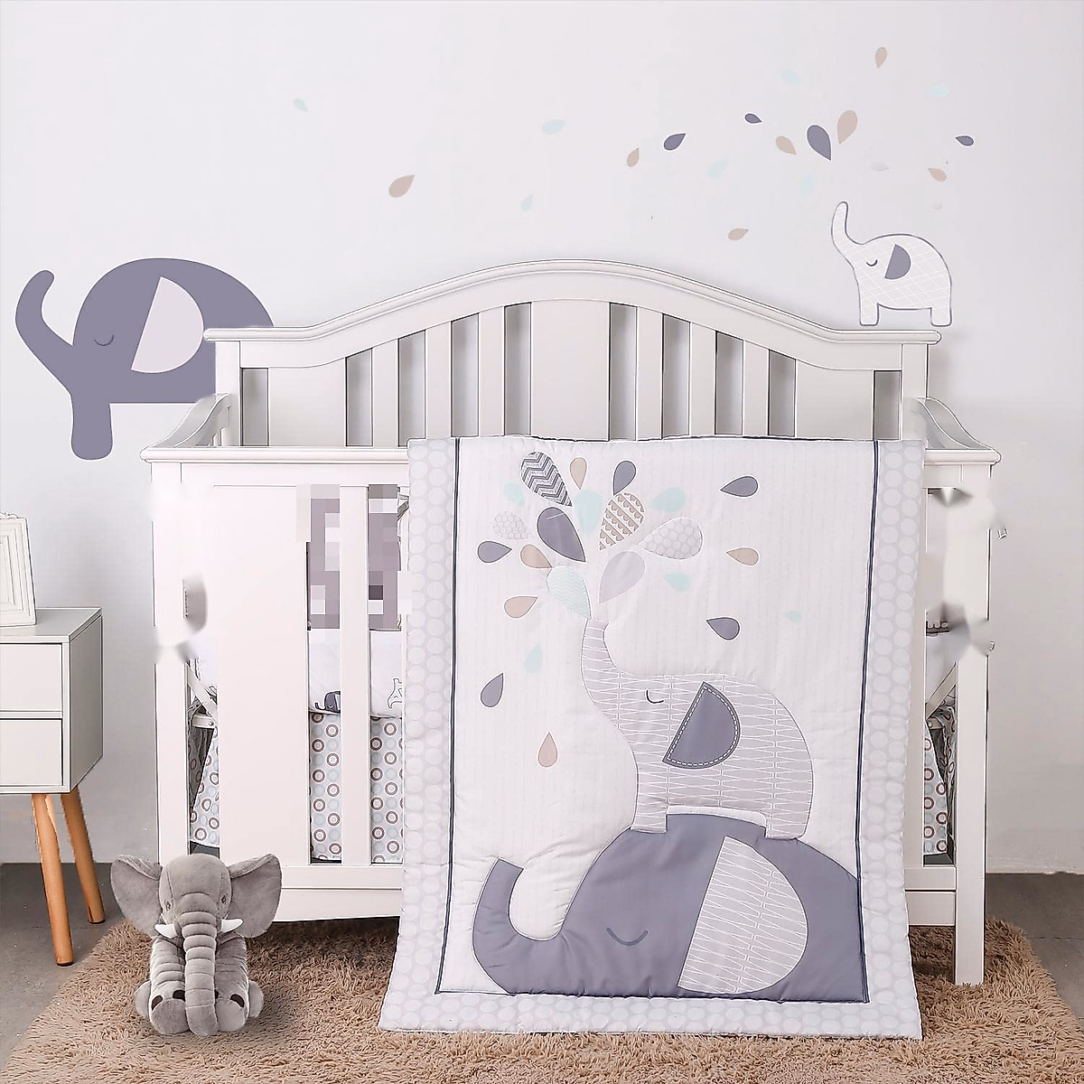 HUPO 6 PC Elephant Crib Bedding Sets for Baby Boys,Grey/White Crib Set with Crib Skirt/Quilt/Crib Sheet/3 Wall Stickers