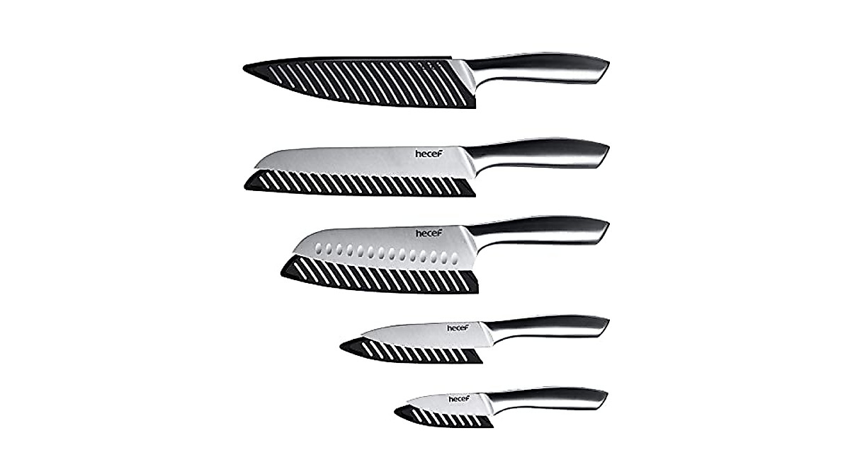 Hecef Silver Kitchen Knife Set of 5 - Durable Satin Finish Blades