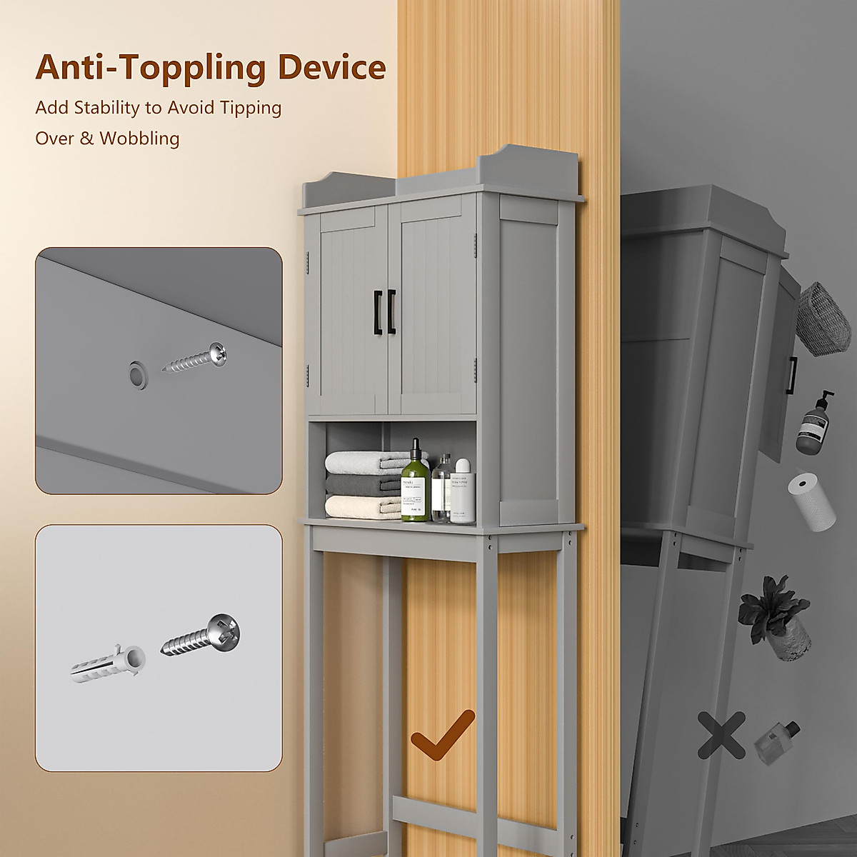 VEIKOUS Over The Toilet Storage Bathroom Organizer and Small Freestanding Cabinet W/Adjustable Shelf & Storage Rack, Bathroom Space Saver, Grey