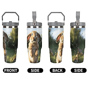 30oz Stainless Steel Insulated Tumbler with Flip Lid & Straw, Leakproof Travel Mug for Car, Cute Funny Rabbit Double Wall Vacuum Thermal Coffee Cup with Handle, Spill-Proof Design for Hot/Cold Drinks