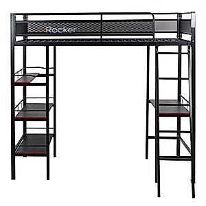 X Rocker I Fortress Gaming Bunk Bed I Built-in Desk and Shelving I Sturdy Metal Frame I Red Wooden Trim I Black
