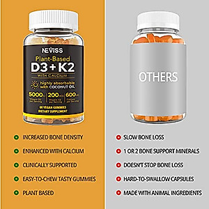 Vitamin D3 5000IU Gummies 125mcg with Calcium 600mg+K2( MK7 ) 200mcg, Coconut Oil for High Absorption, Maximum Strength Vitamin D Supplement - Support Strong Bones, Immune System Health Vegan 60 Count