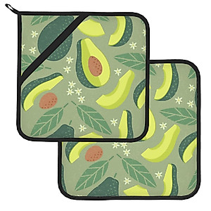 Avocado Leaves Flowers Pattern Pot Holders Set Heat Resistant Non Slip Oven Hot Pads with Hand Pockets and Hanging Loops for Kitchen Baking Cooking,Set of 2