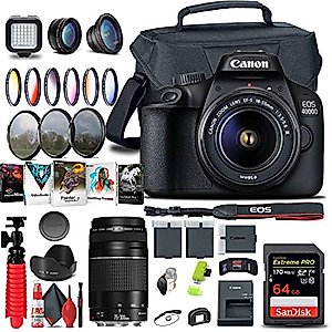Canon EOS 4000D / Rebel T100 DSLR Camera with 18-55mm Lens, EF 75-300mm Lens, 64GB Memory Card, Color Filter Kit, Case, Photo Software, 2 x LPE10 Battery + More (Renewed)