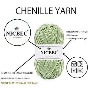 NICEEC 3 Skeins Soft Chenille Yarn Blanket Yarn for Knitting Fancy Yarn for Crochet Weaving DIY Craft Total Length 3×85m (3×93yds, 3×50g)_Mint Green