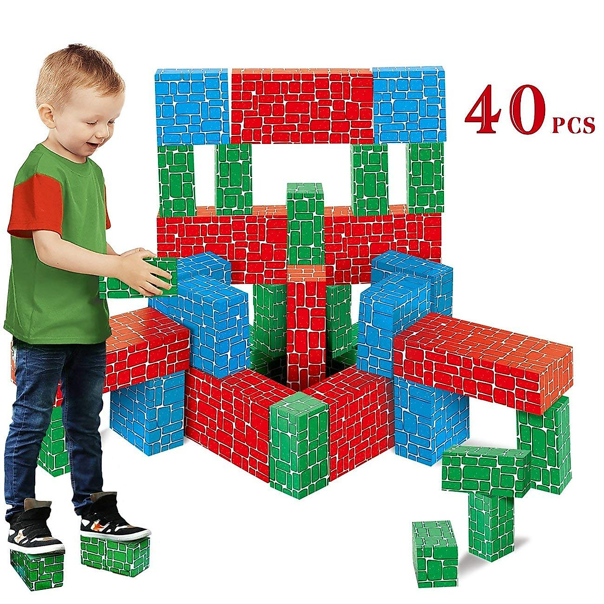 WishaLife Cardboard Blocks,40pcs Building Blocks Extra-Thick Jumbo Stackable Bricks in 3 Size for Toddlers Kids