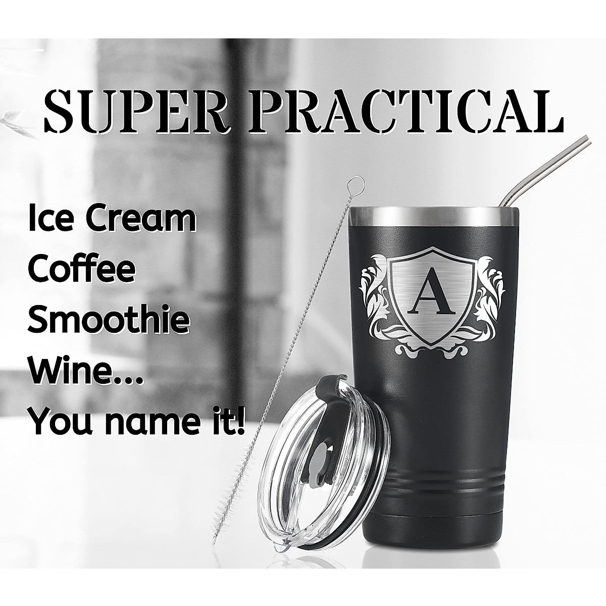 Personalized Coffee Mug with Initial J, Monogrammed Travel Tumbler for Him, Custom Cups, Unique Birthday Christmas Gifts for Men who Have Everything
