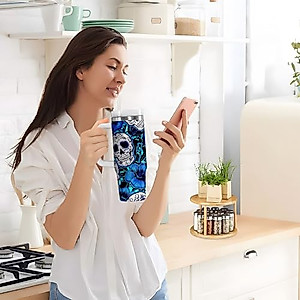 RPLIFE Blue Flowers Sugar Skulls Stainless Steel Coffee Tumbler, Insulated Water Bottle with Straw, Tumbler for Men