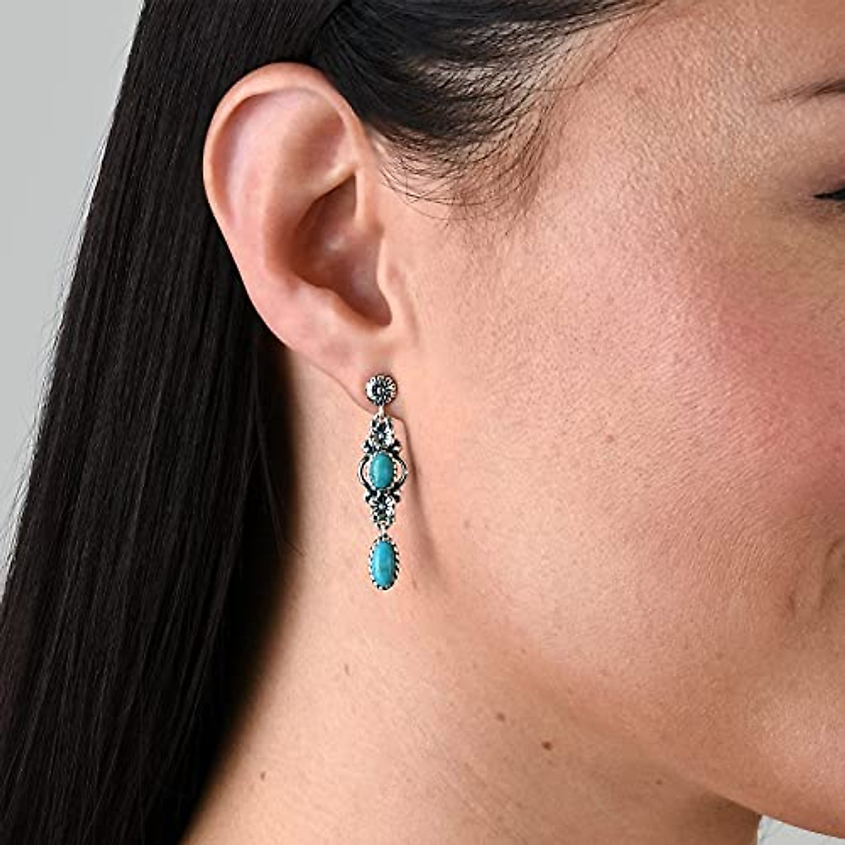 American West Sterling Silver Women’s Drop & Dangle Earrings Blue Turquoise Gemstone Floral Design