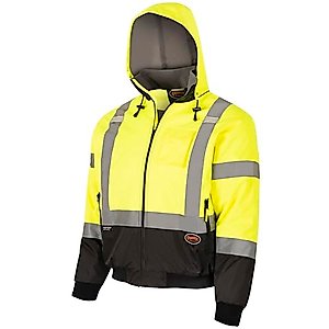 Pioneer High Vis Safety Bomber Jacket For Men – Waterproof Reflective Rain Gear – Class 3 – Detachable Hood – Yellow/Black