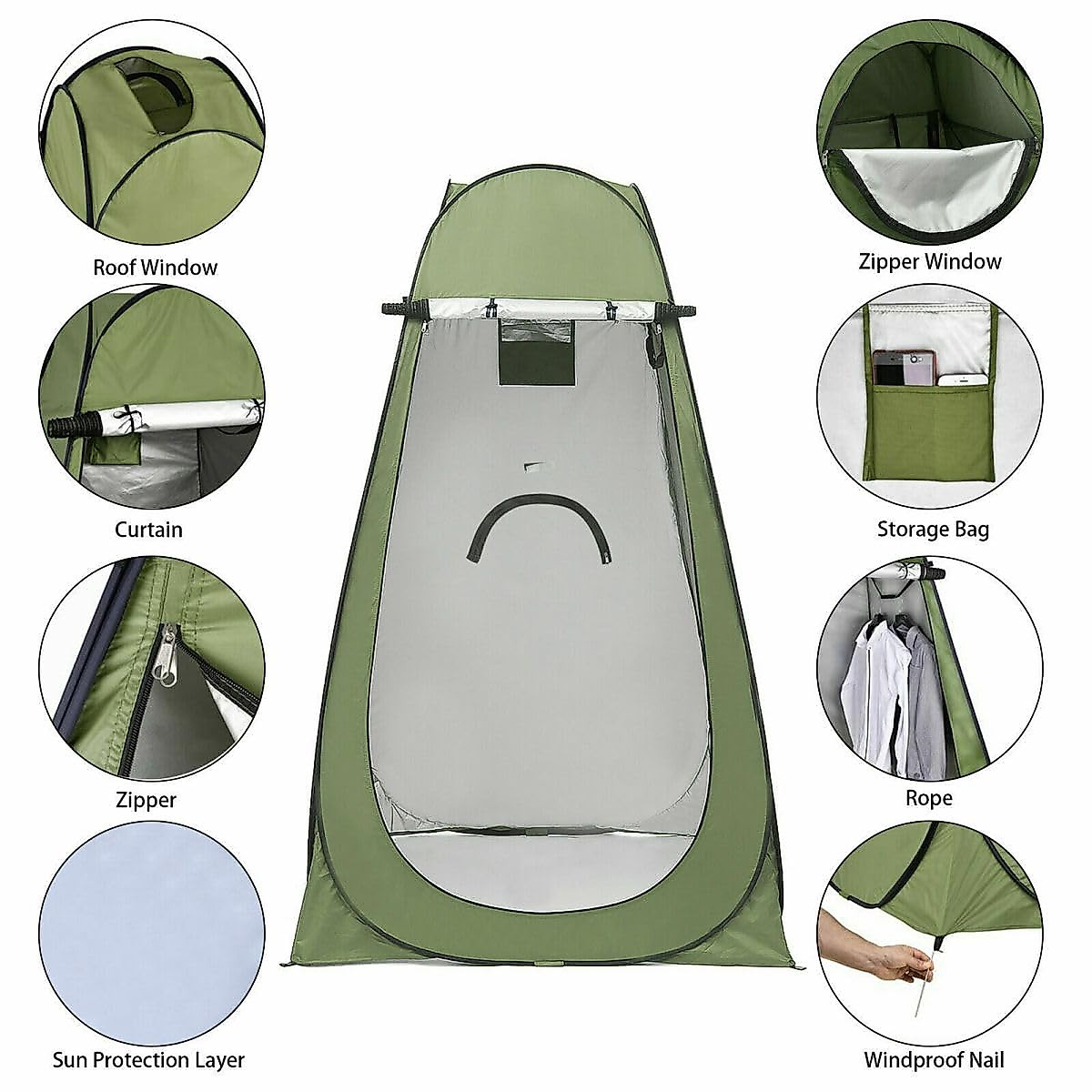 Pop Up Privacy Shower Tent, Portable Outdoor Camping Bathroom Toilet Tent, Extra Tall Privacy Shelters Room, Spacious Changing Room for Hiking Beach, Lightweight & Sturdy, Foldable, Green