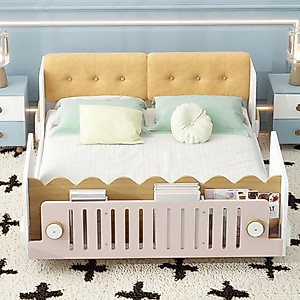 Full Size Classic Car-Shaped Platform Bed with Soft Cushion and Shelves On The Footboard, Solid Wood Platform Bed Frame with Wheels and Support Slats for Kids Boys Girls Teens Adults