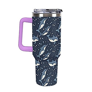 Whales Orcas Narwhals On Navy 40 Oz Tumbler Insulated Stainless Steel Water Bottle Travel Mug Car Cup with Handle And Straw