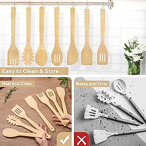 [7-PCS] Wooden Spoons for Cooking is for All Kitchen. Made From Bamboo Wood, Wooden Spatula & Wooden Spoon 11.8 in. and Non-Stick Surface, Suitable for Home & Chef Use or Gift for Someone Special.