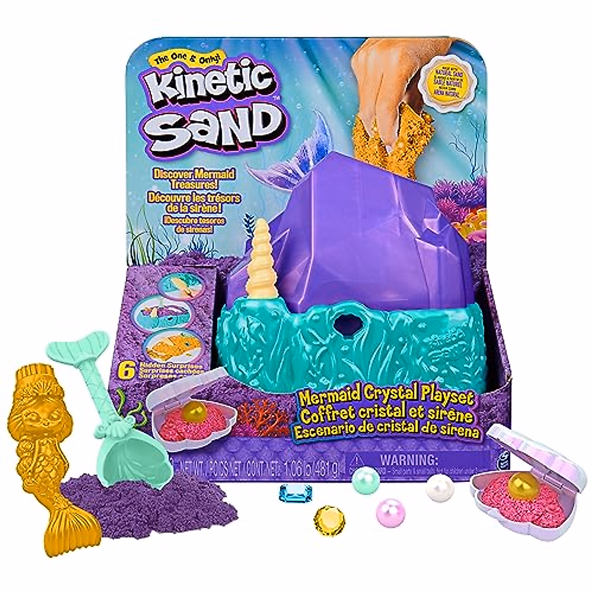 Kinetic Sand, Mermaid Crystal Playset, Over 1lb of Play Sand, Gold Shimmer Sand, Storage and Tools, Sensory Toys for Kids Ages 3 and up