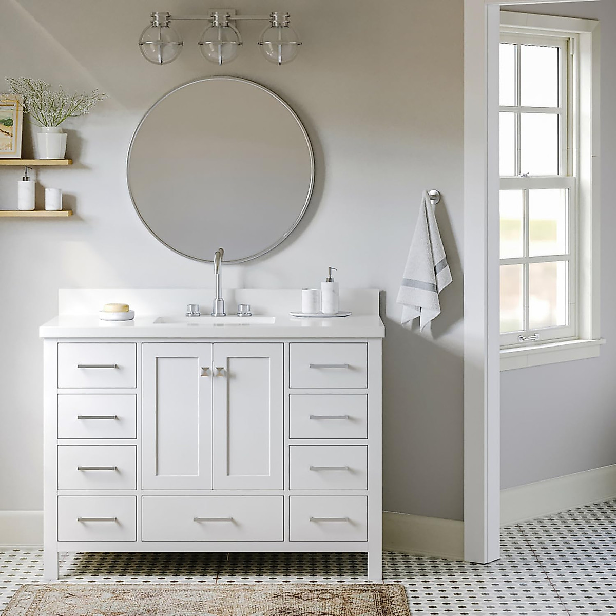 ARIEL 48" White Bathroom Vanity Base Cabinet, Single Sink Configuration, 2 Soft Closing Doors, 9 Full Extension Dovetail Drawers, Brushed Nickel