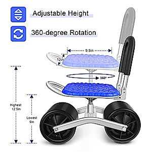 i COVER Garden Cart Rolling Stool with Wheels and Tool Bag, Stable Workseat Sturdy Cart Adjustable Seat Height and Direction, Gardening Helper, Silver