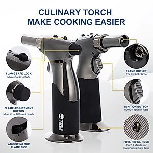 Butane Torch, Premium Double Flame Big Kitchen Torch Lighters with Safety Lock Adjustable Refillable Multipurpose Culinary Blow Torch for Creme Brulee, Baking, BBQ (Butane Gas Not Included) (black)