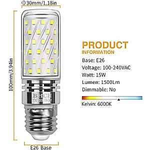 BHCH E26 LED Corn Bulbs 15W,6000K Daylight White,1500LM,Edison Screw Bulbs,120W Incandescent Bulbs Equivalent,Pack of 4