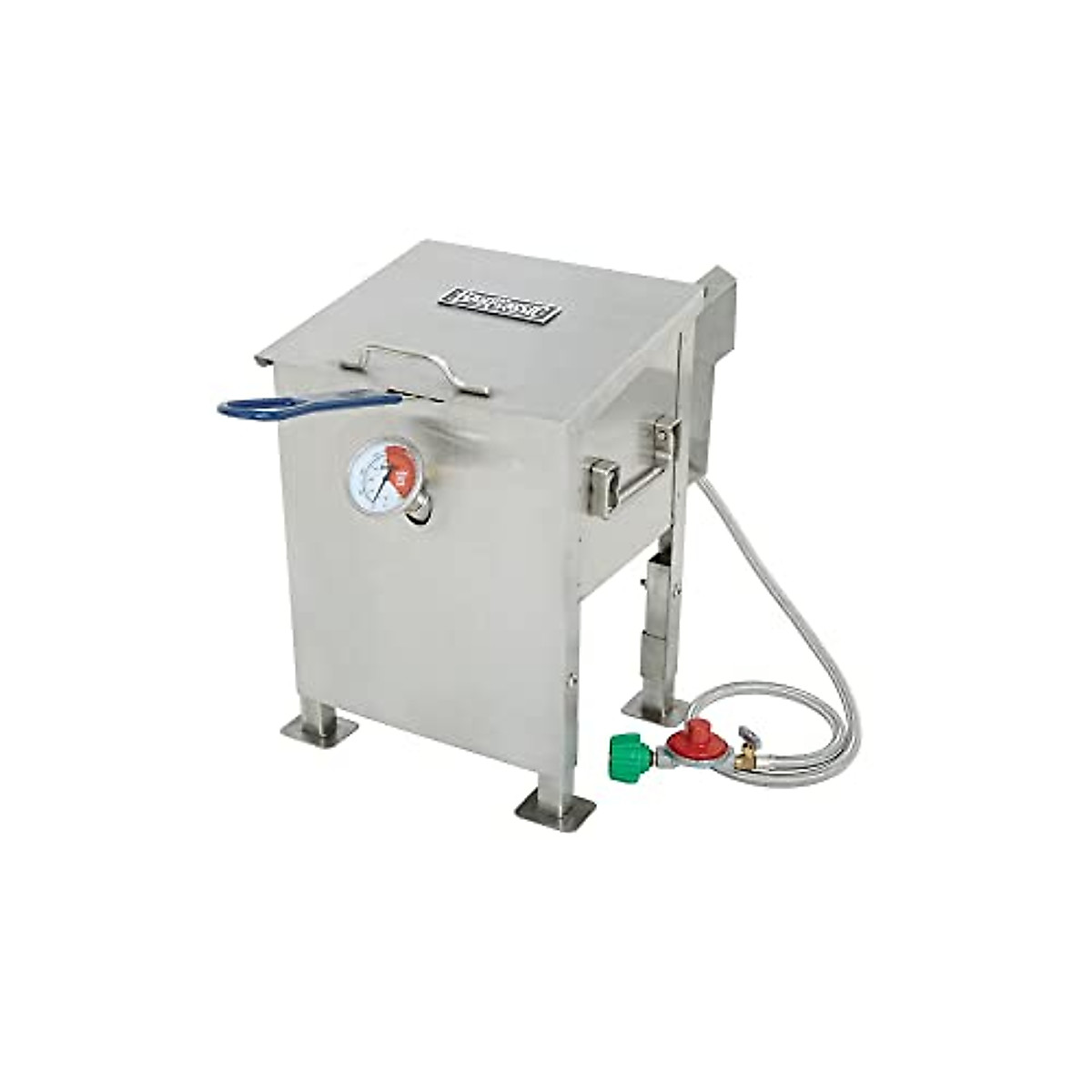 Bayou Classic 700-725 2.5-gal Stainless Bayou Fryer Freestanding or Table Top Includes Stainless Mesh Basket Fry Thermometer Drain Valve High Pressure Regulator w/ 48-in Stainless Braided LPG Hose