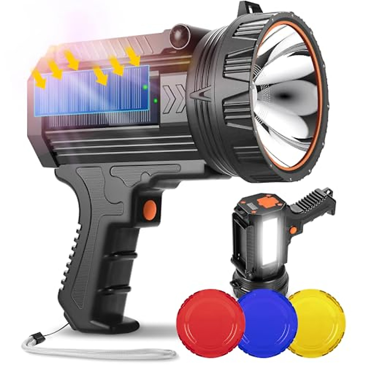 YIERBLUE Rechargeable Spotlight Flashlight with Solar Panels, 1000,000 High Lumen Outdoor Handheld Spot Lights and Flood Light, Foldable Stand and 3 Colors Lenses for Boating Hunting and Camping