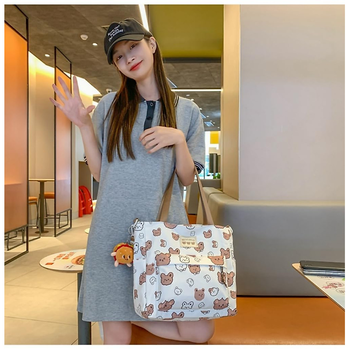 Eaokwfp Kawaii Backpack with Cute Accessories, Tote Bag Cartoon Graphic Laptop Backpack, Large Capacity Casual Travel Daypack (Bear Tote Bag)