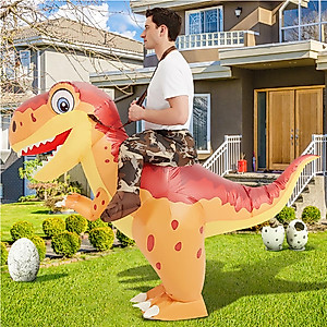 COMIN Inflatable Dinosaur Costume for Adults Inflatable Ride on Costume Blow Up Trex Costume Dino Inflatable Orange Costume for Halloween Party