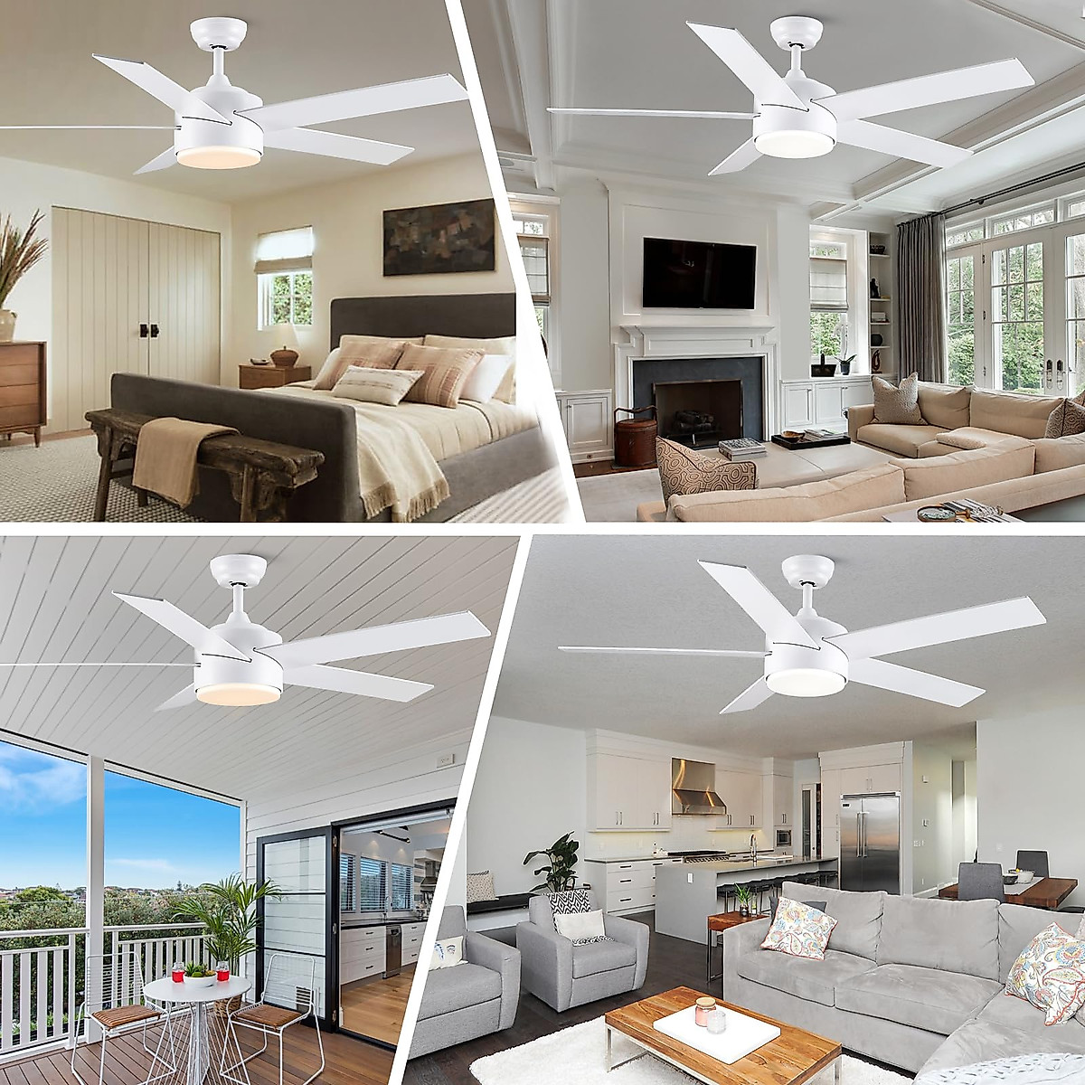 POCHFAN 52 inch White Ceiling Fans with Lights and Remote, Wooden 5 Blades LED Modern Ceiling Fan for Bedroom, Living Room, Dining Room, 3 CCT 6-Speed Quiet Reversible