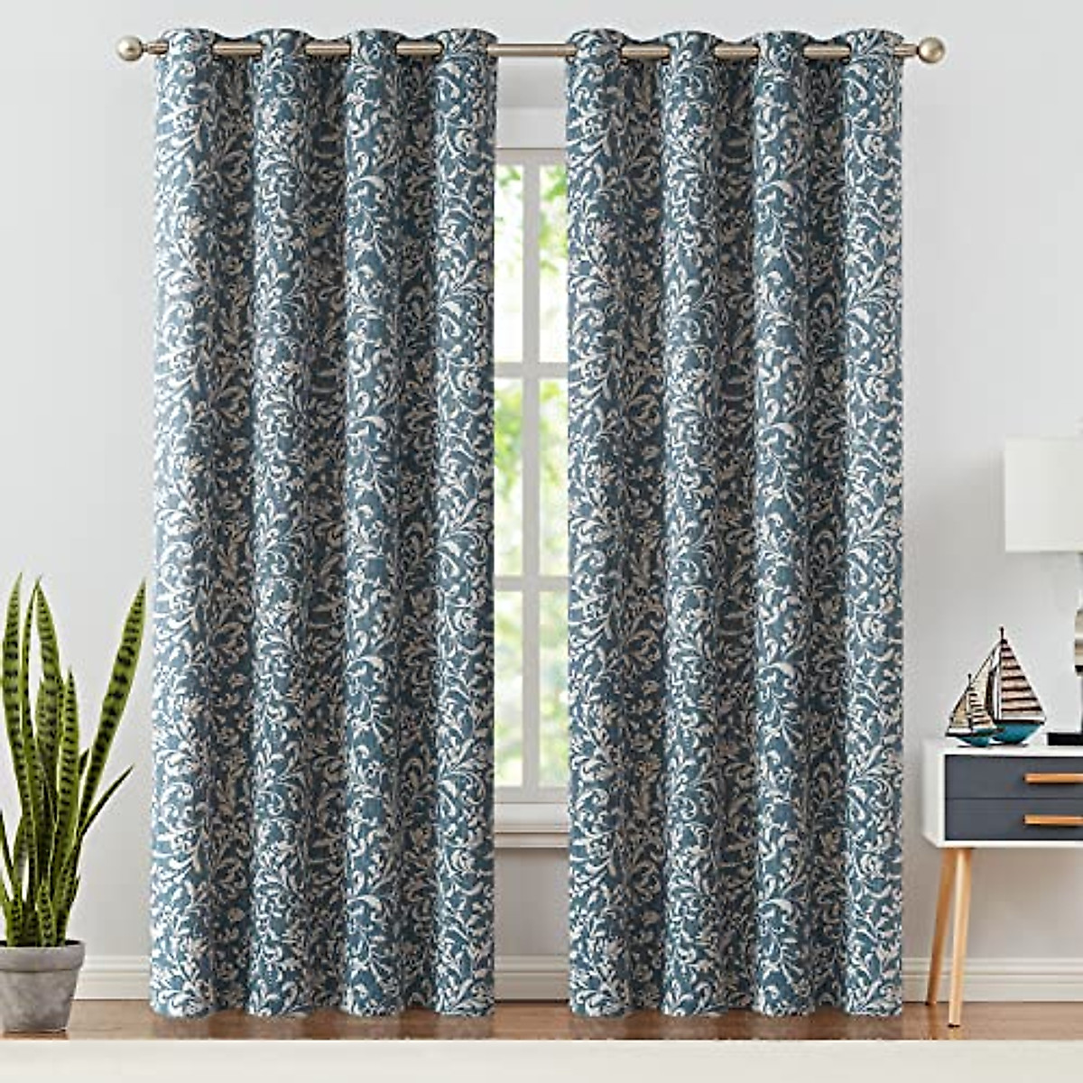 jinchan Farmhouse 80% Blackout Curtains for Bedroom Thermal Curtains Room Darkening Scroll Floral Patterned Thermal Insulated Curtains Living Room Vintage Country Curtain 84 inch Long 2 Panels Blue