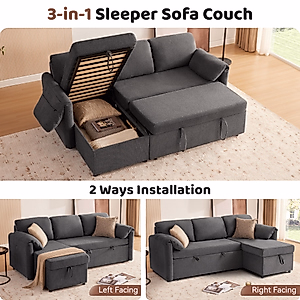 Tbfit Sleeper Sofa Couch with Pullout Bed, 83’’Sofa Bed Couch with Storage Chaise & USB, Egyptian Velvet Convertible Sleeper Sofa, Pull Out Sofa for Living Room, Dark Gray