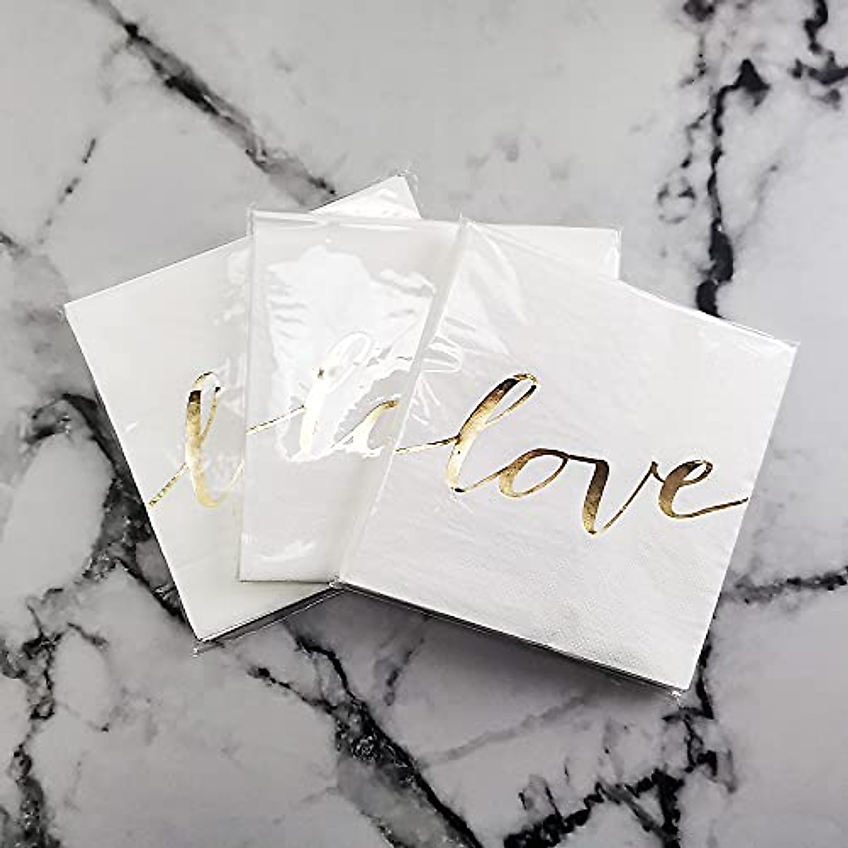 Dulousia White Luncheon Paper Napkins Stamped with Sparkle Gold Love - Folded 6.5 x 6.5inch for Wedding, Bridal/Baby Shower, Dinner Birthday Party (48Count)