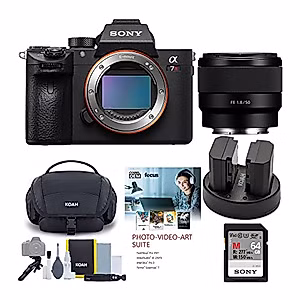 Sony Alpha a7R III A Full-Frame Mirrorless Camera Bundle with FE 50mm f/1.8 Lens Full-Frame E-Mount Lens, Rechargeable Battery (2-Pack) and Charger, SD Card, Camera Bag and Photo Software (6 Items)